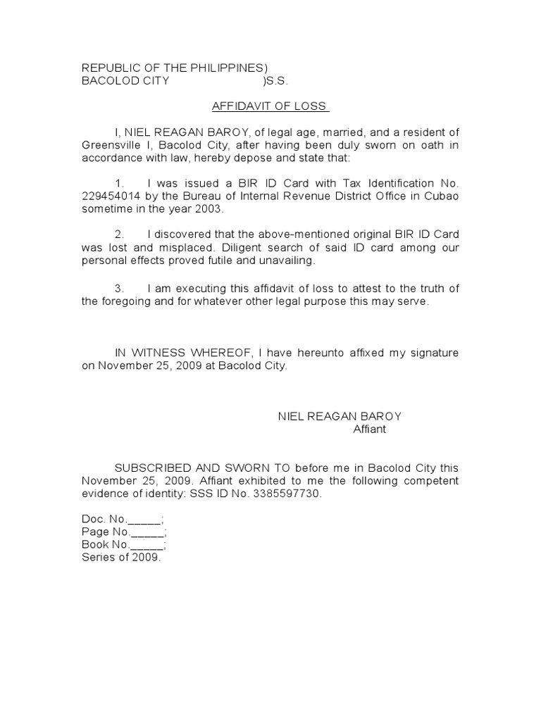 Affidavit of Loss (BIR TIN) | PDF