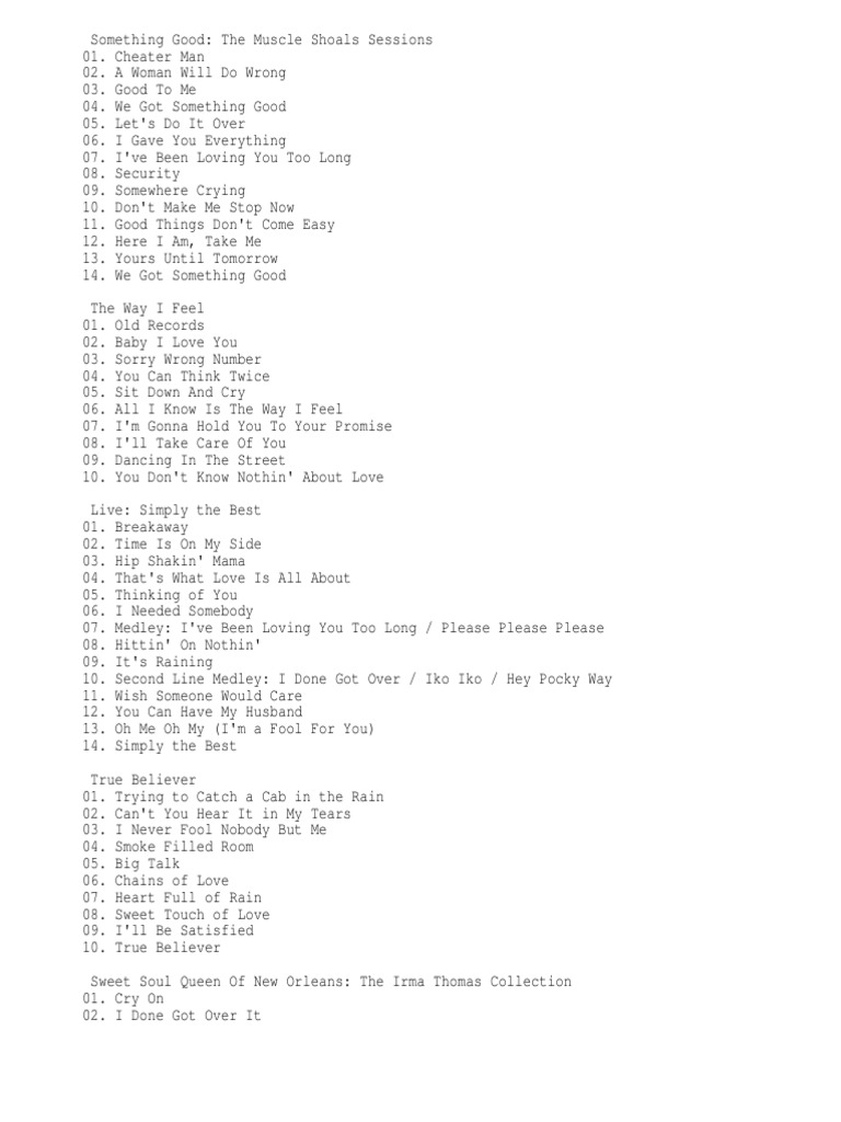 Irma Thomas Collection.1967 2009.FLAC - Tracks Tracklist | PDF ...