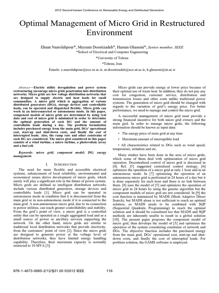 Optimal Management of Micro Grid in Restructured Environment | PDF | Distributed Generation ...