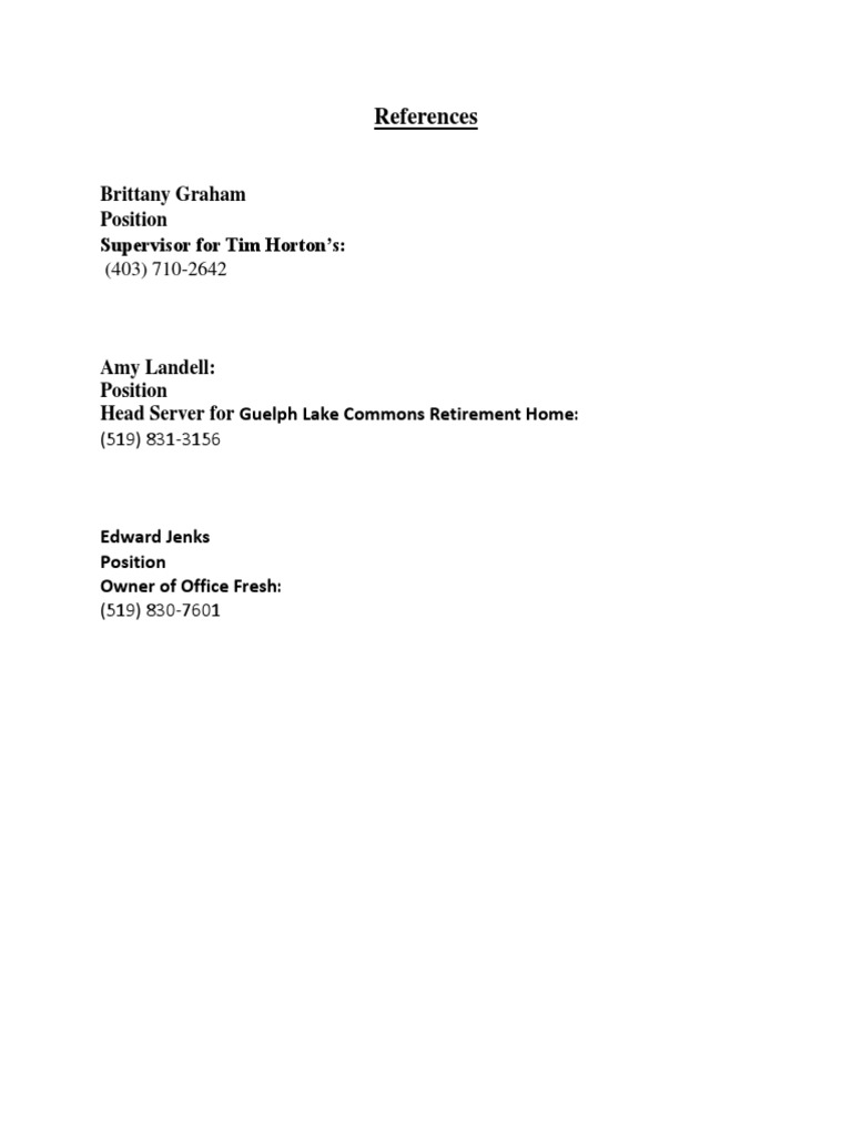 Contact Information for Key References | PDF