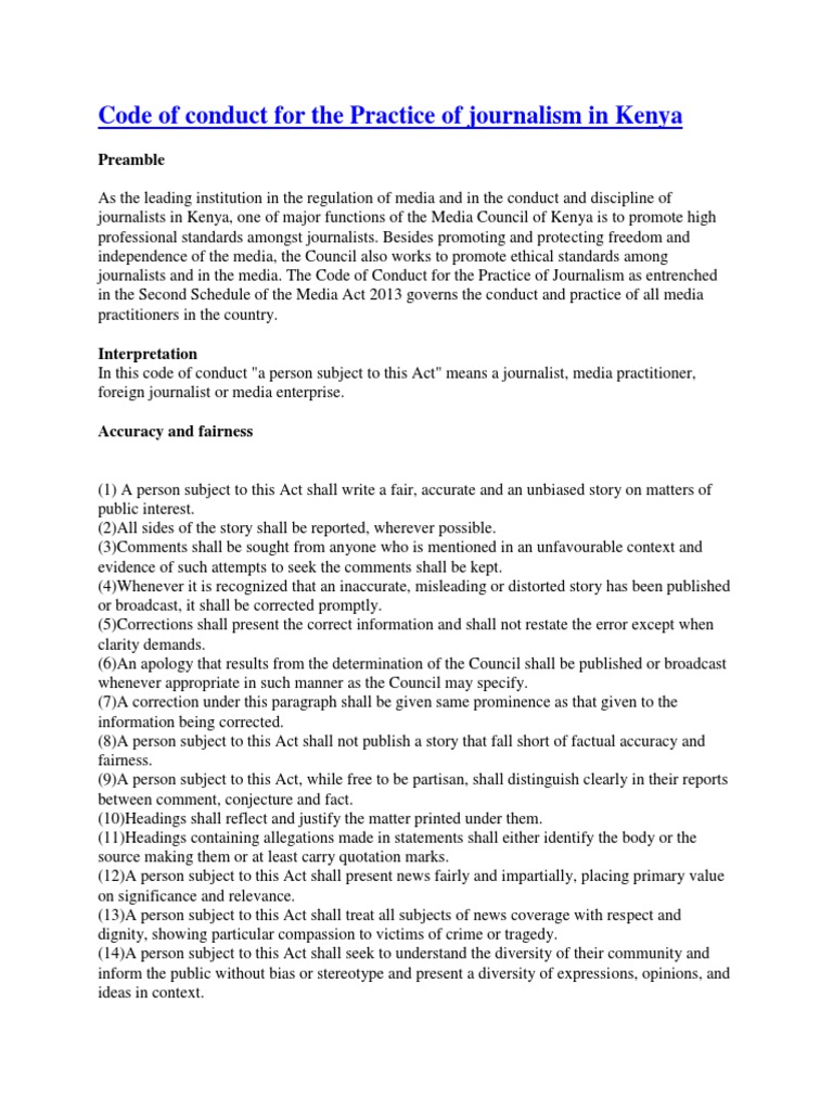Kenya Journalism Code of Conduct | PDF | Journalism | News