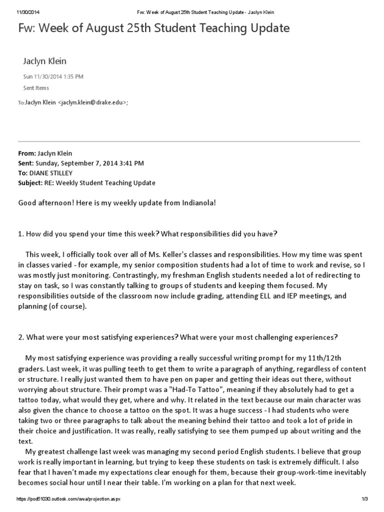 Student Teaching Update: Week of Aug 25 | PDF | Classroom | Teachers