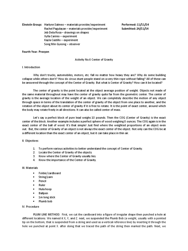 Center of Gravity Lab Report | PDF | Center Of Mass | Weight