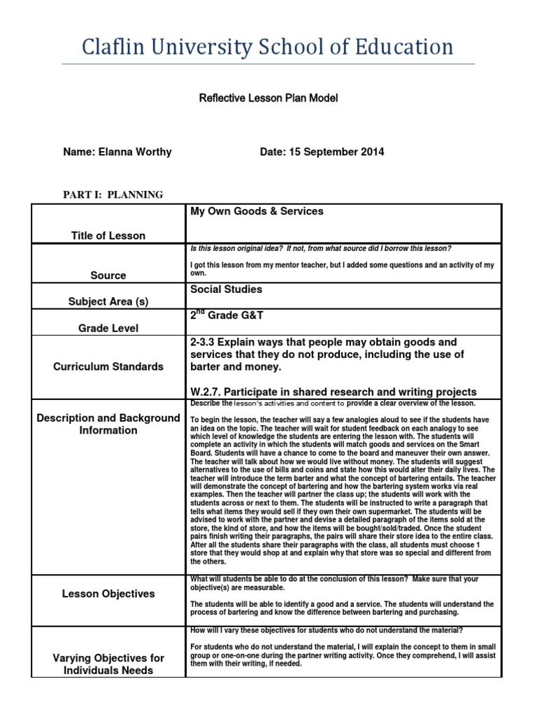 Reflective Lesson Plan - S S | PDF | Lesson Plan | Barter