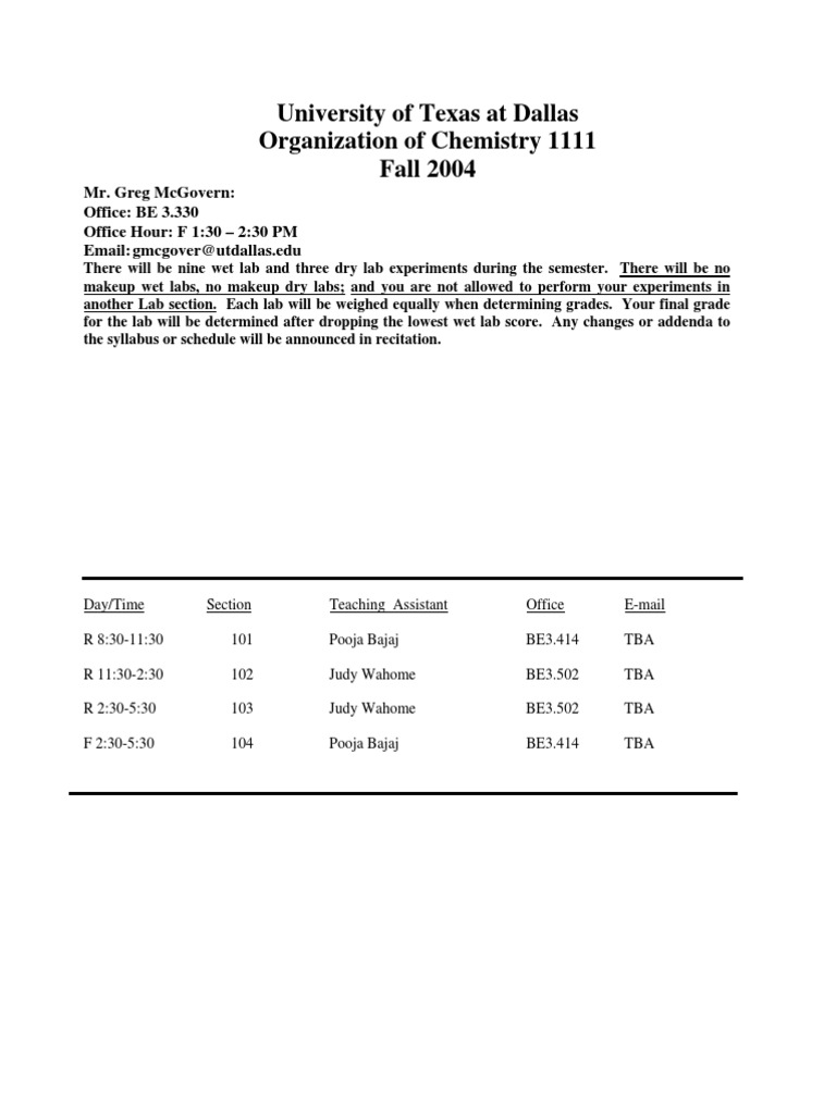 UT Dallas Syllabus For Chem1111.104.07s Taught by Greg Mcgovern ...