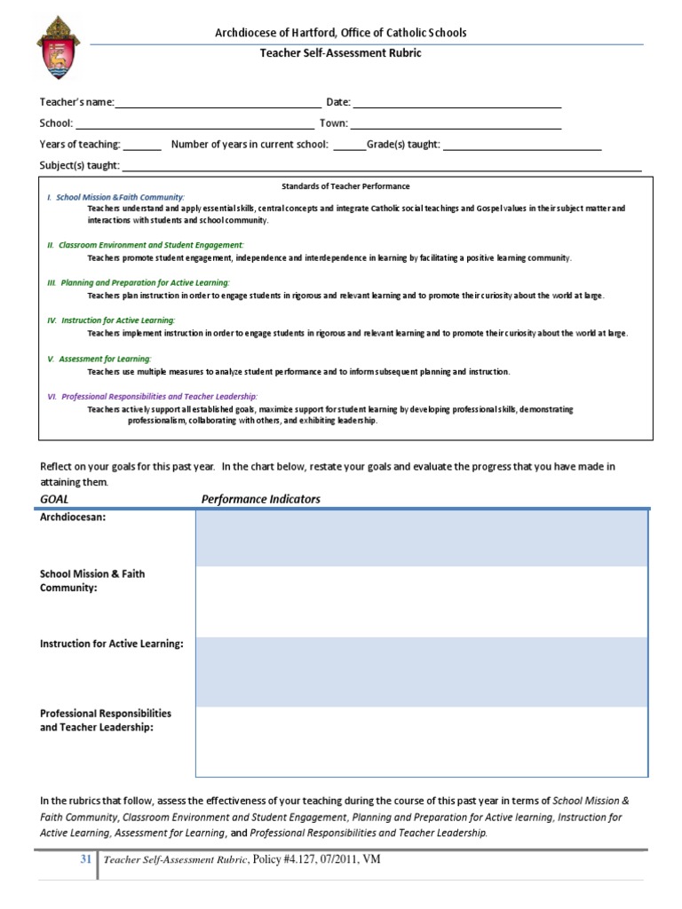 Teacher Self-Assessment Rubric Guide | PDF | Educational Assessment ...