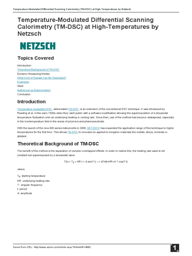 Temperature Modulated Differential Scanning Calorimetry (TM DSC) at ...