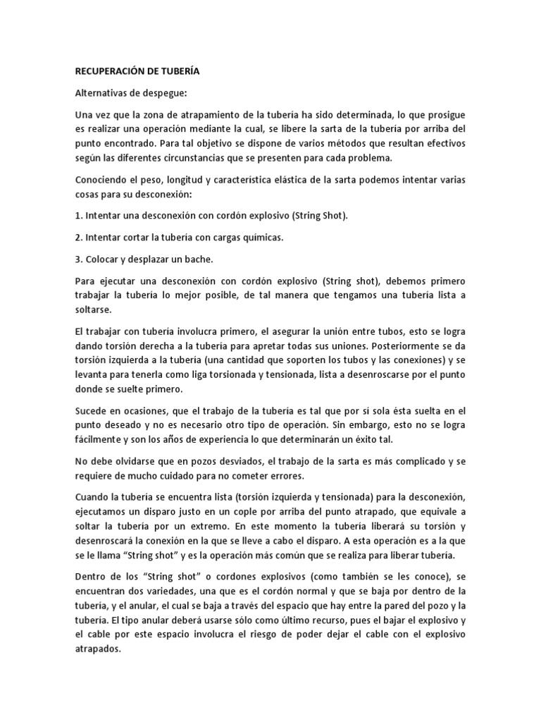 Recuperación de Tubería (Con String Shot) | PDF | Herramientas ...