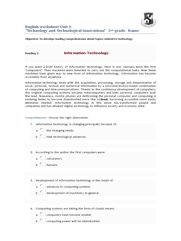 2nd Grade Technology Comprehension Worksheet | PDF | Computers