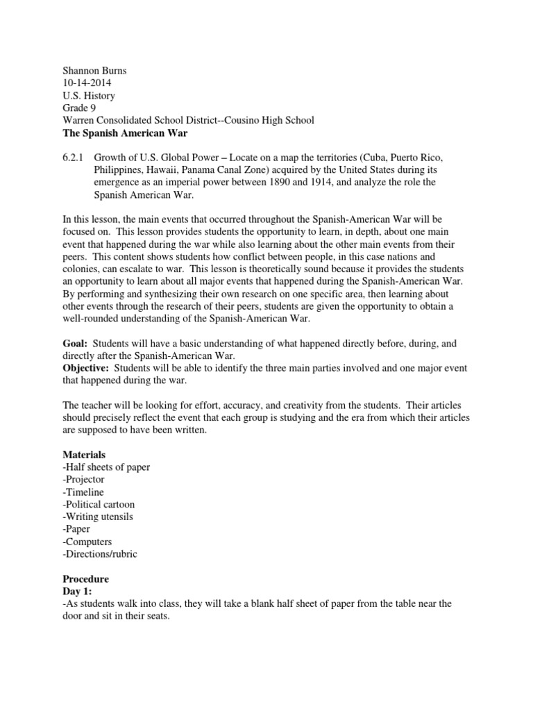 Spanish-American War Lesson Plan | PDF | Lesson Plan | Educational ...