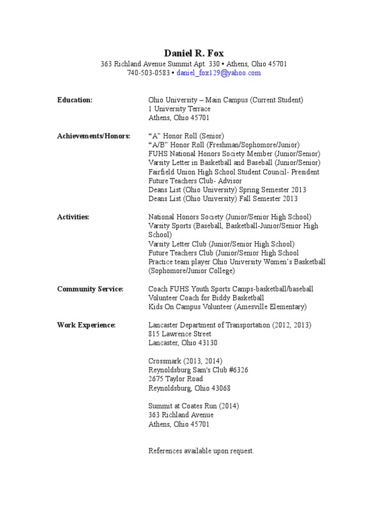 Daniel R. Fox - Academic and Athletic Resume | PDF | Sports ...