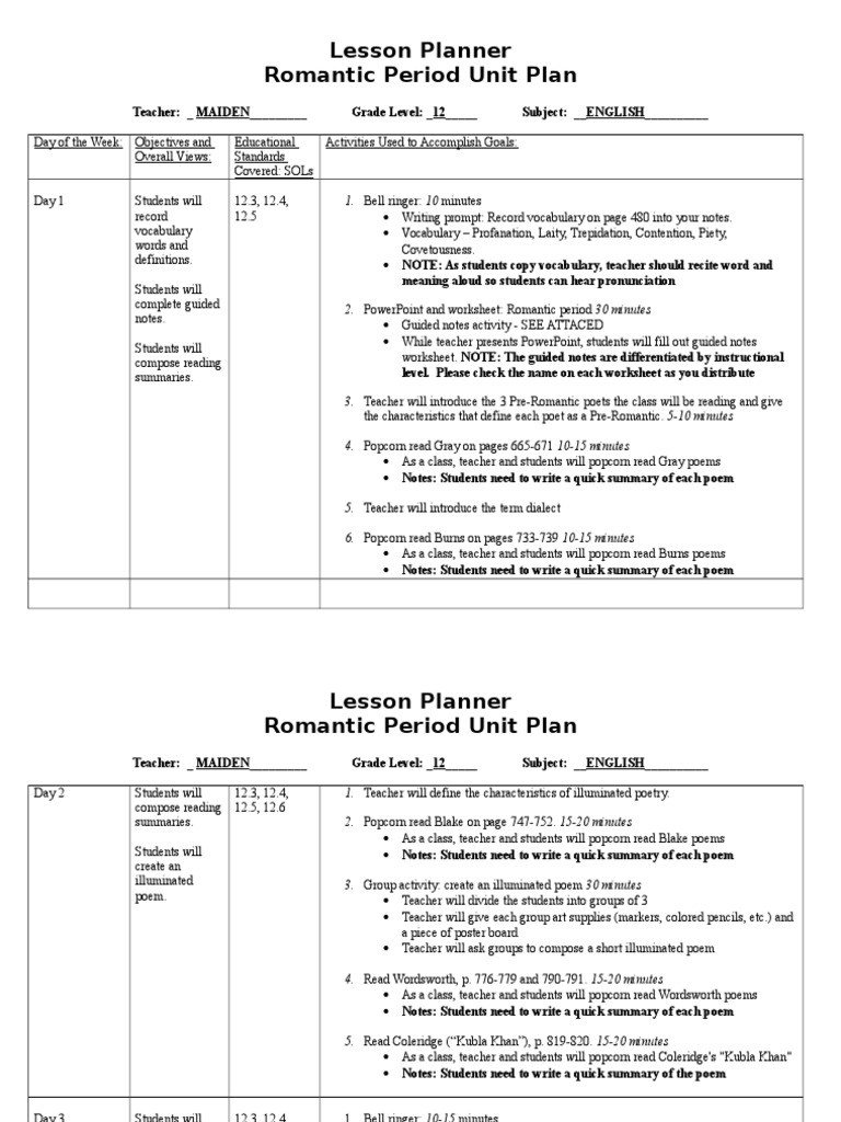 Romantic Era Poetry Lesson Plan | PDF | Samuel Taylor Coleridge | Poetry