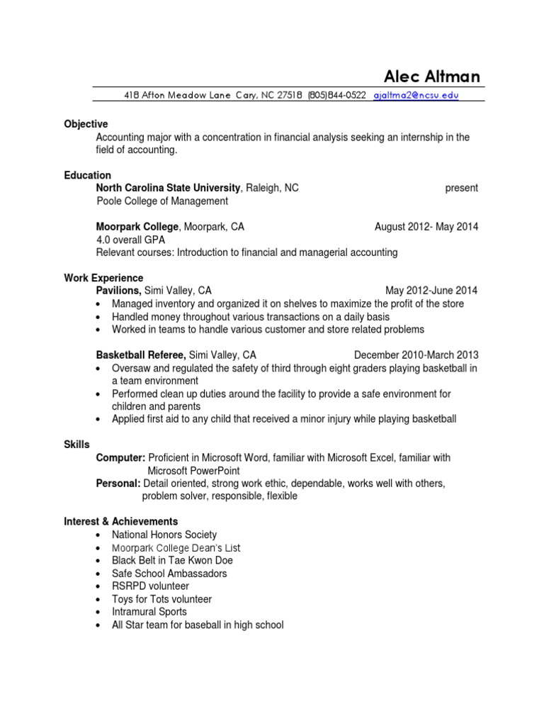 Accounting Internship Resume of Alec Altman | PDF
