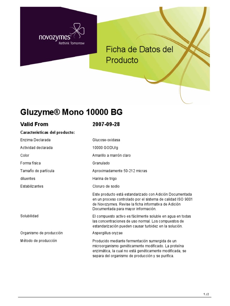 Ficha Técnica de Gluzyme® Mono 10000 BG | PDF | Solubilidad | Enzima