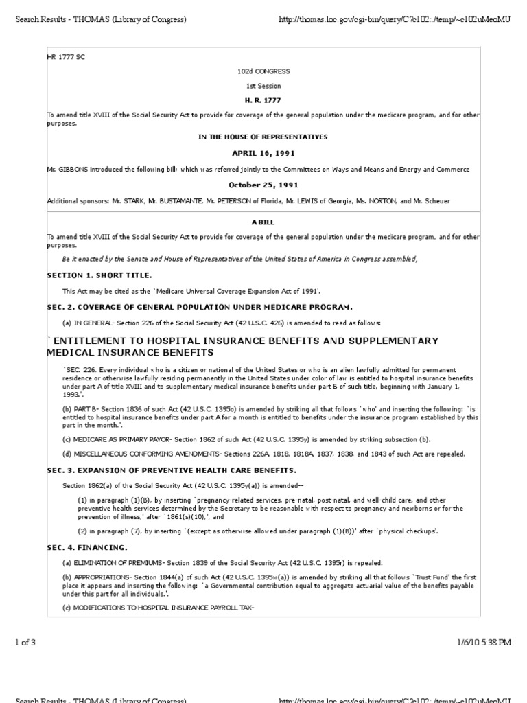 Medicare Universal Coverage Expansion Act of 1991 | PDF | Social ...