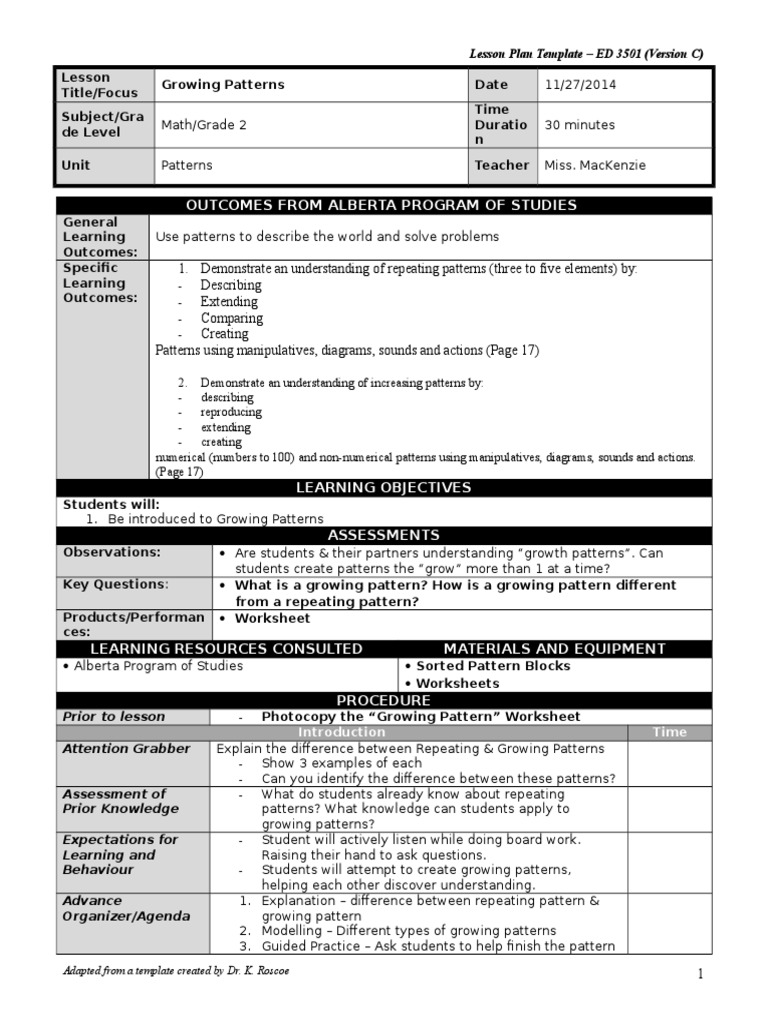 Grade 2 Growing Patterns Lesson Plan | PDF | Lesson Plan | Educational ...