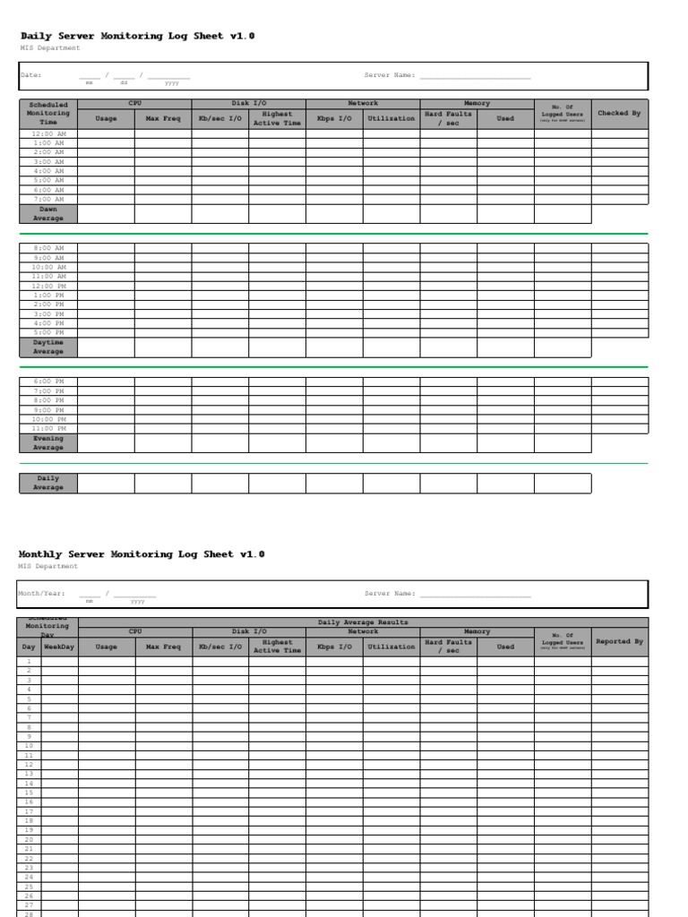 Daily Server Monitoring Log Template | PDF | Computers