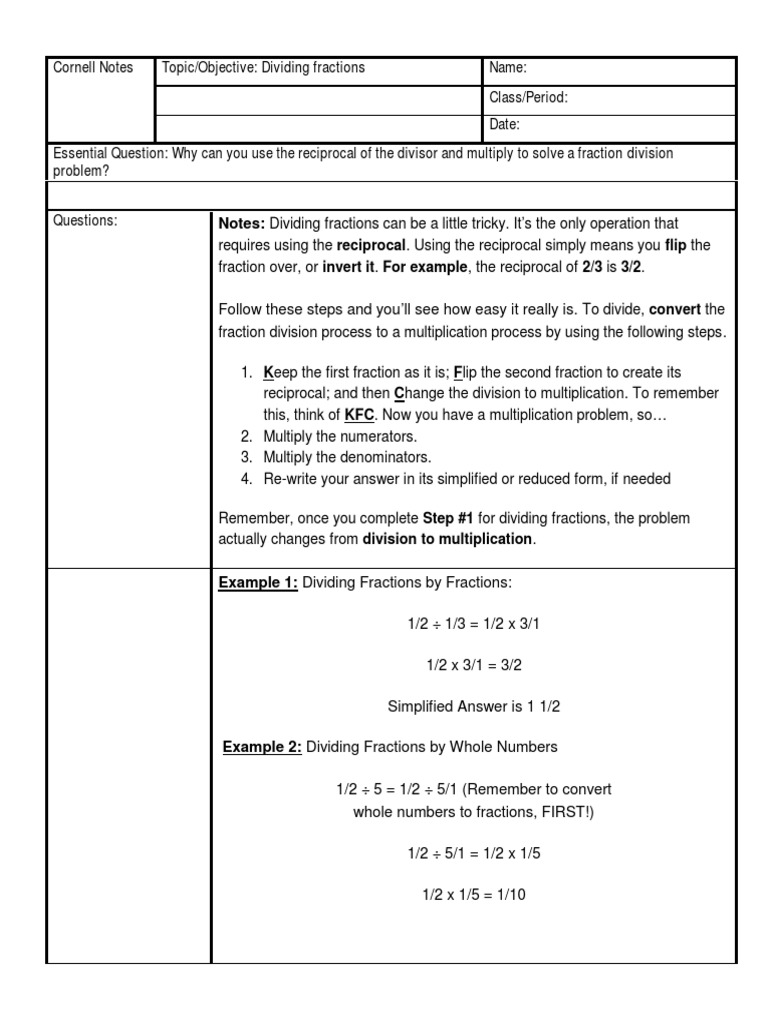 Cornell Notes 11242014 Dividing Fractions | PDF