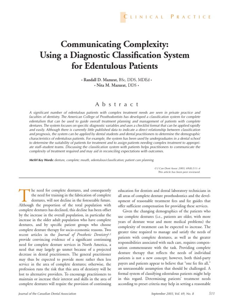 Classification System For Full Edentulism | PDF | Dentures | Dentistry