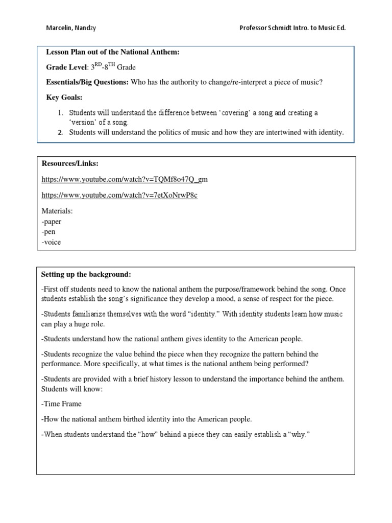 National Anthem Music Lesson Plan | PDF | Lesson Plan | Teaching