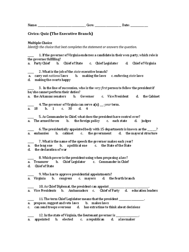 Civics Quiz The Executive Branch | PDF | Presidents Of The United ...