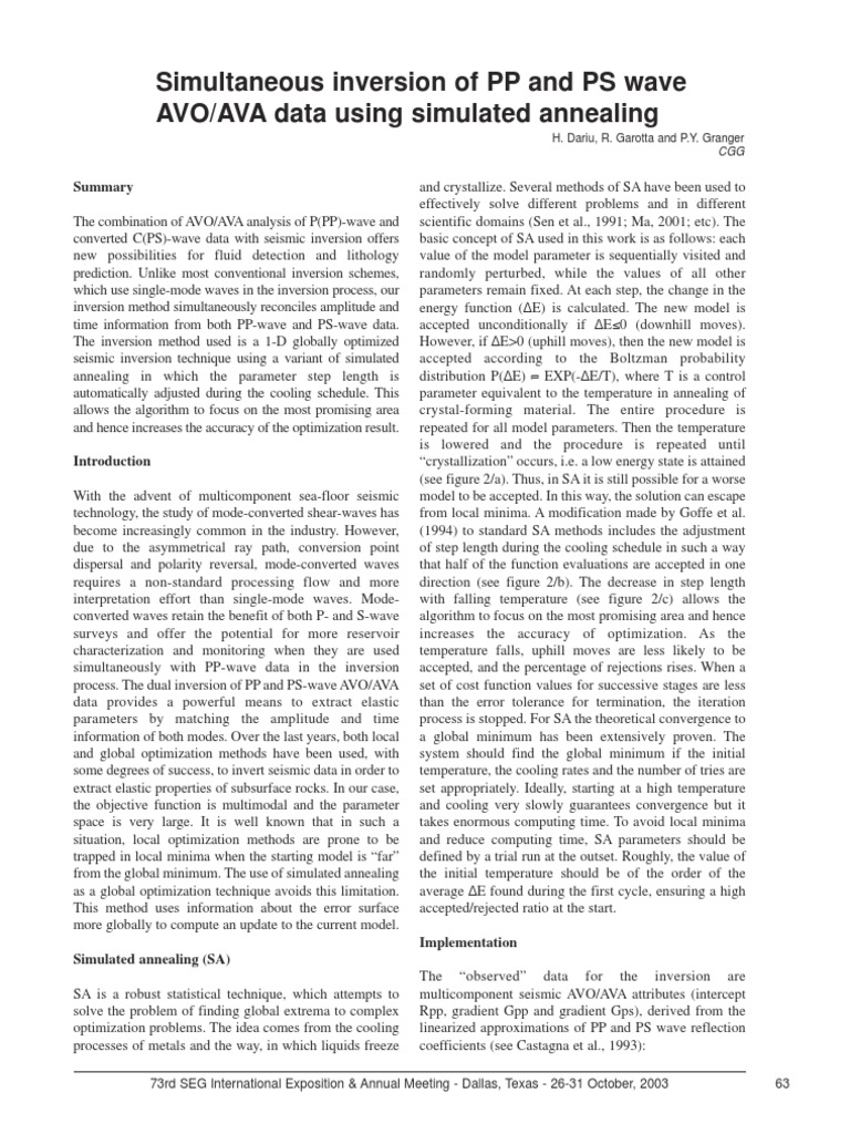 Simultaneous Inversion of PP and PS Wave AVO-AVA Data Using Simulated Annealing | PDF ...
