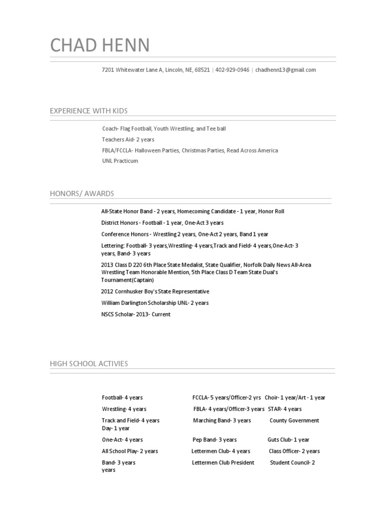 Chad Henn Resume For Ymca | PDF | Cooking, Food & Wine | Lifestyle