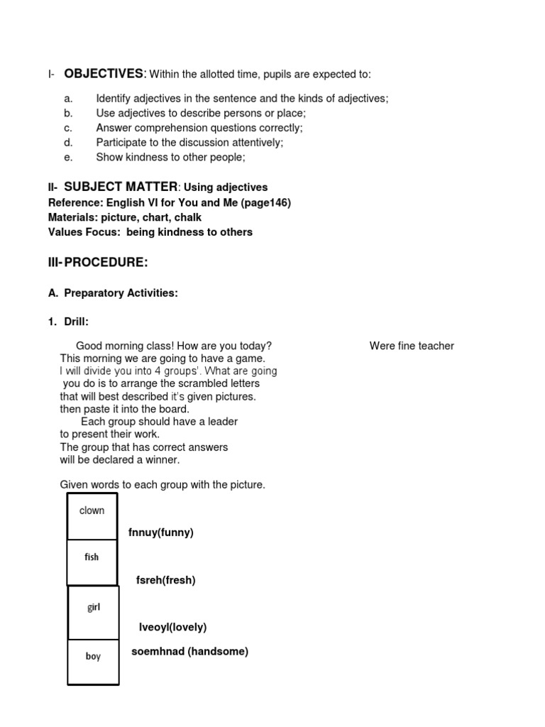 Detailed LESSON PLAN GRADE IV ABOUT (ADJECTIVES) | PDF | Adjective | Noun