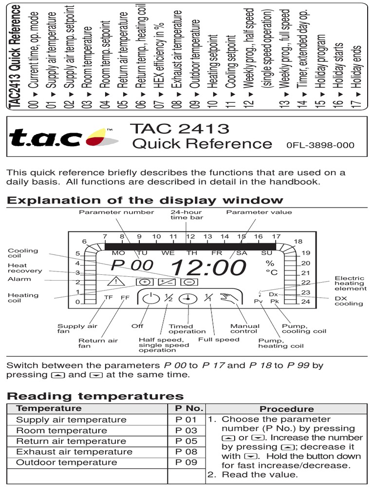 TAC Thermostat Quick Reference Guide | PDF | Hvac | Temperature