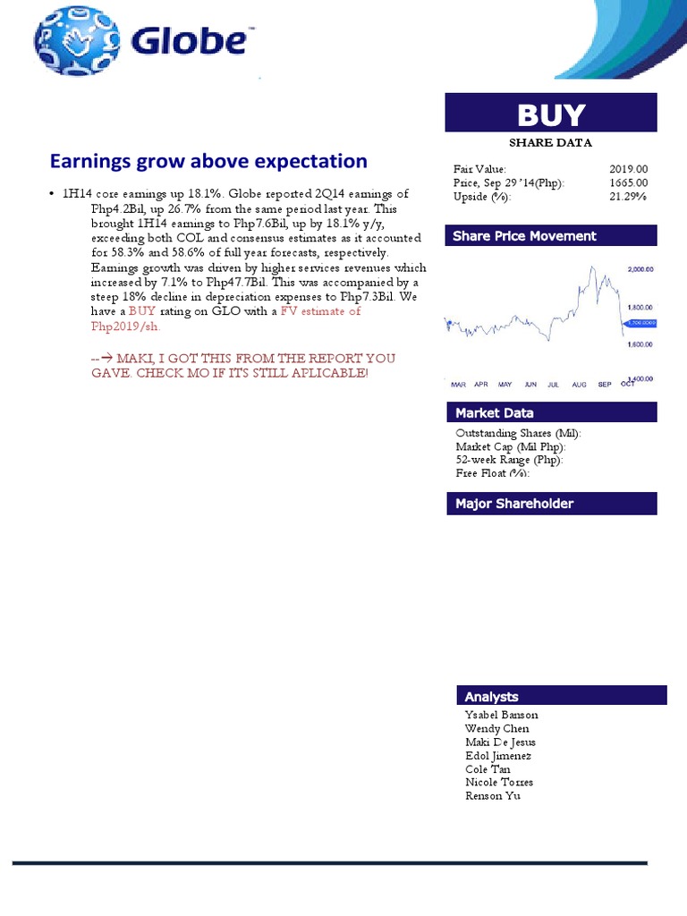 Globe Telecom Stock Analysis 2014 | PDF | Equity (Finance) | Intangible ...
