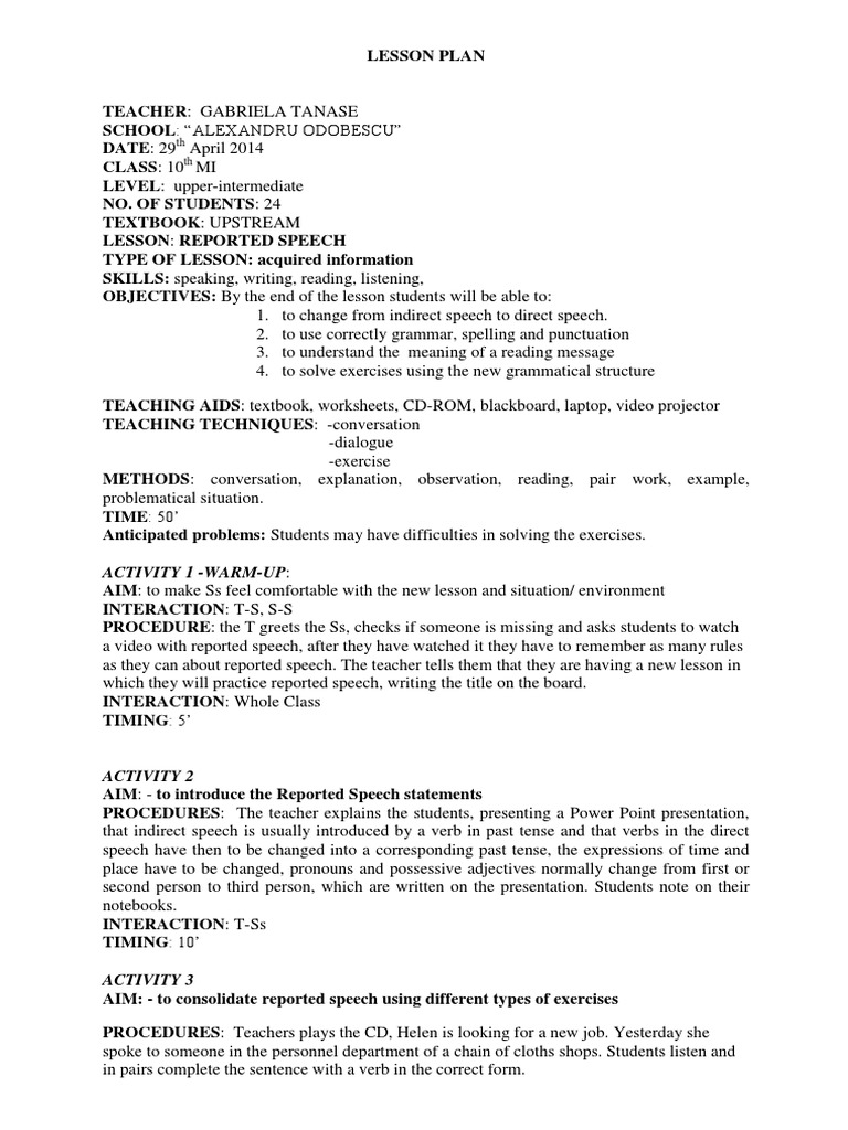Reported Speech Lesson Plan for Grade 10 | PDF | Lesson Plan | Human ...