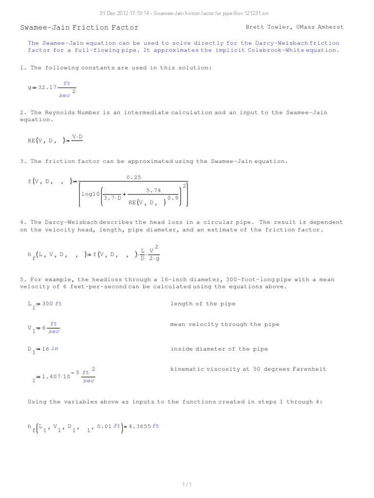 Swamee-Jain Friction Factor For Pipe Flow | PDF | Mathematical Objects ...