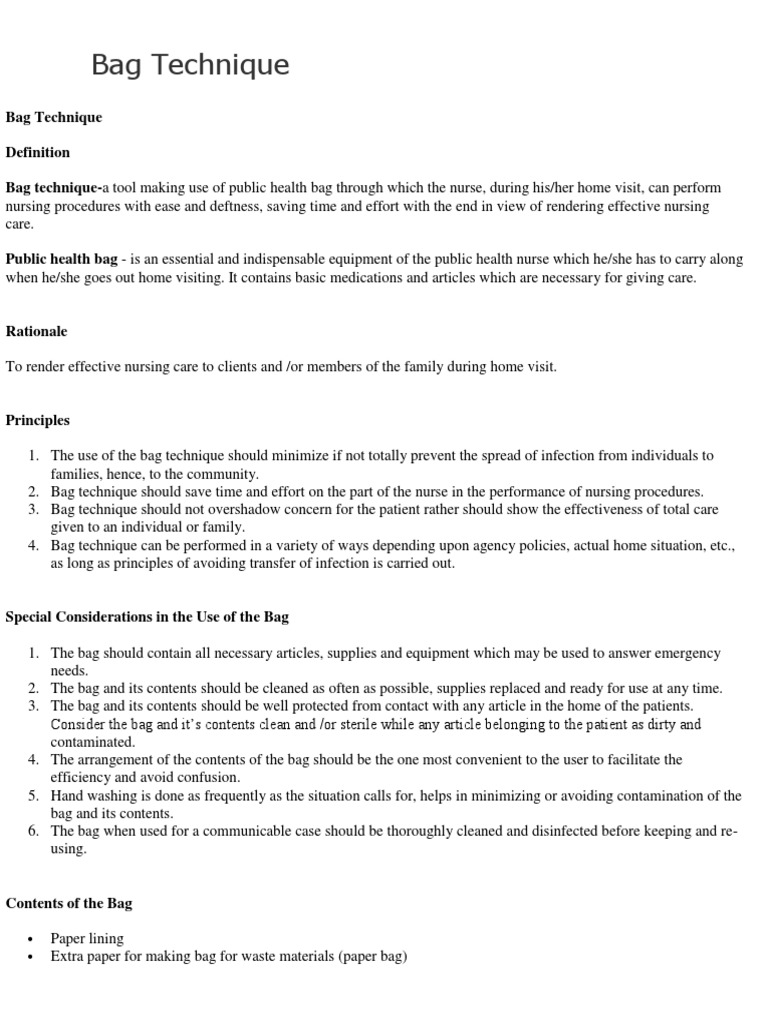 Bag Technique in Home Nursing | PDF | Hand Washing | Nursing