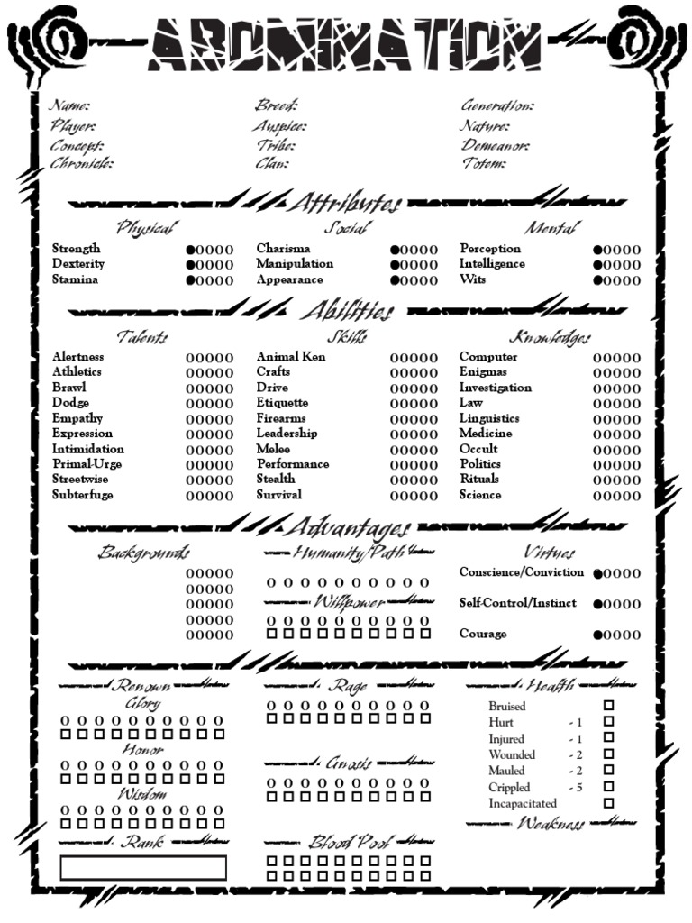 Werewolf The Apocalypse Character Sheet