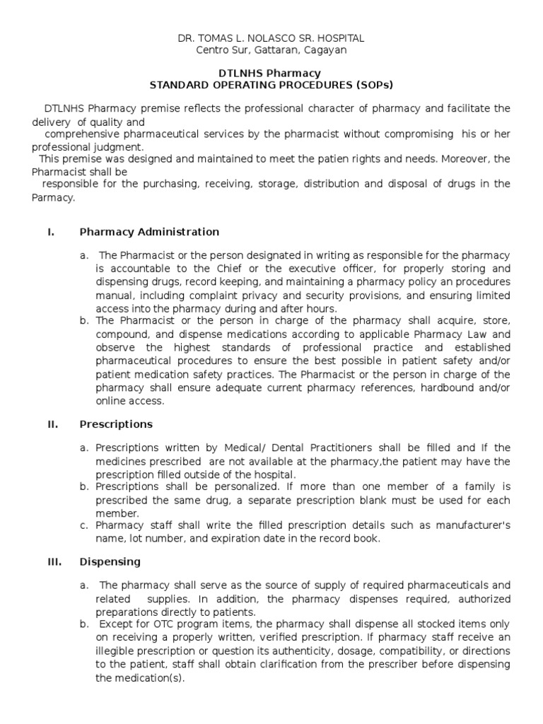 Standard Operating Procedures Hospital | PDF | Pharmacy | Medical ...