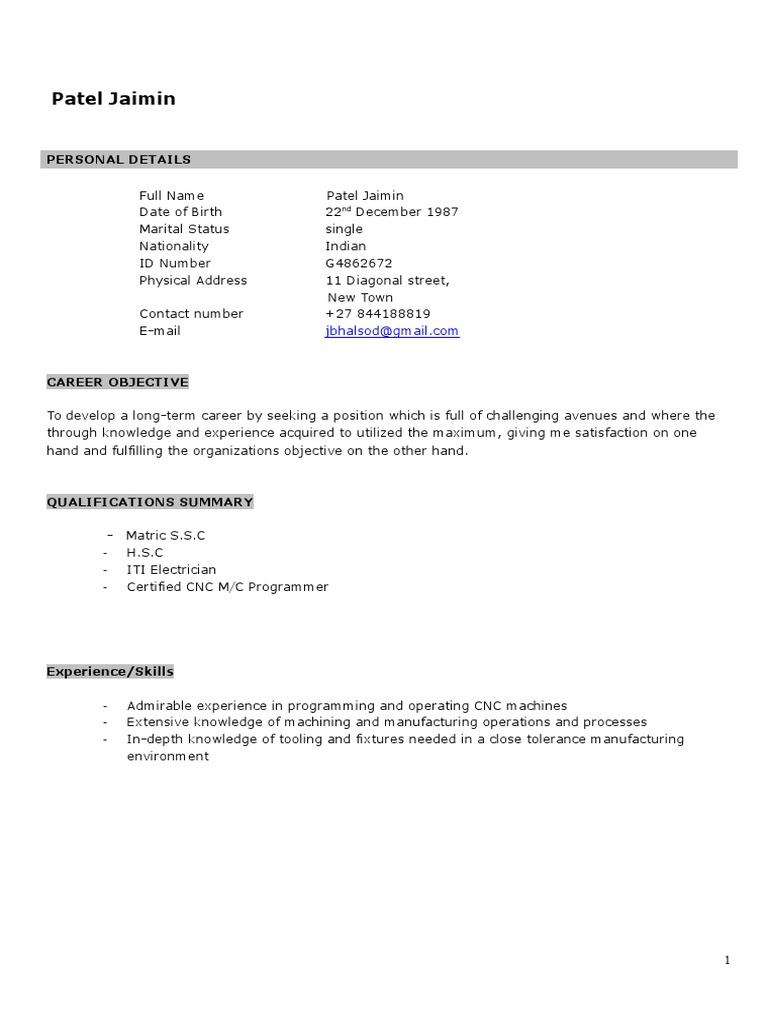 CNC Programmer Resume of Jaimin Patel | PDF
