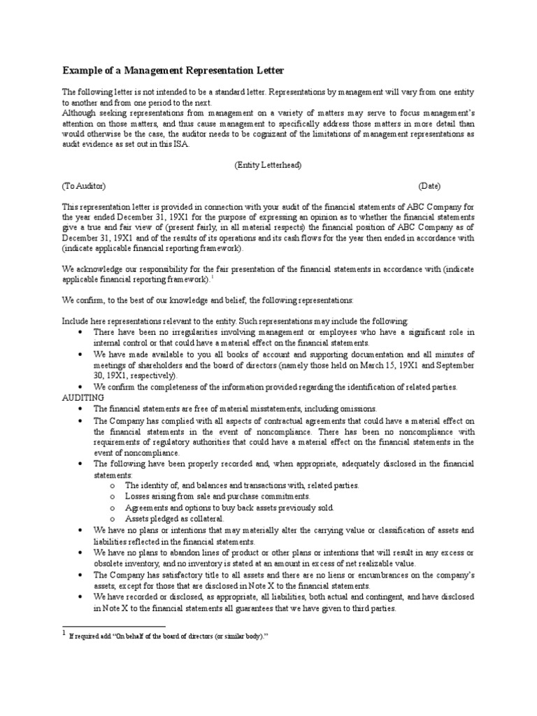 Management Representation Letter Example | PDF | Finance & Money Management