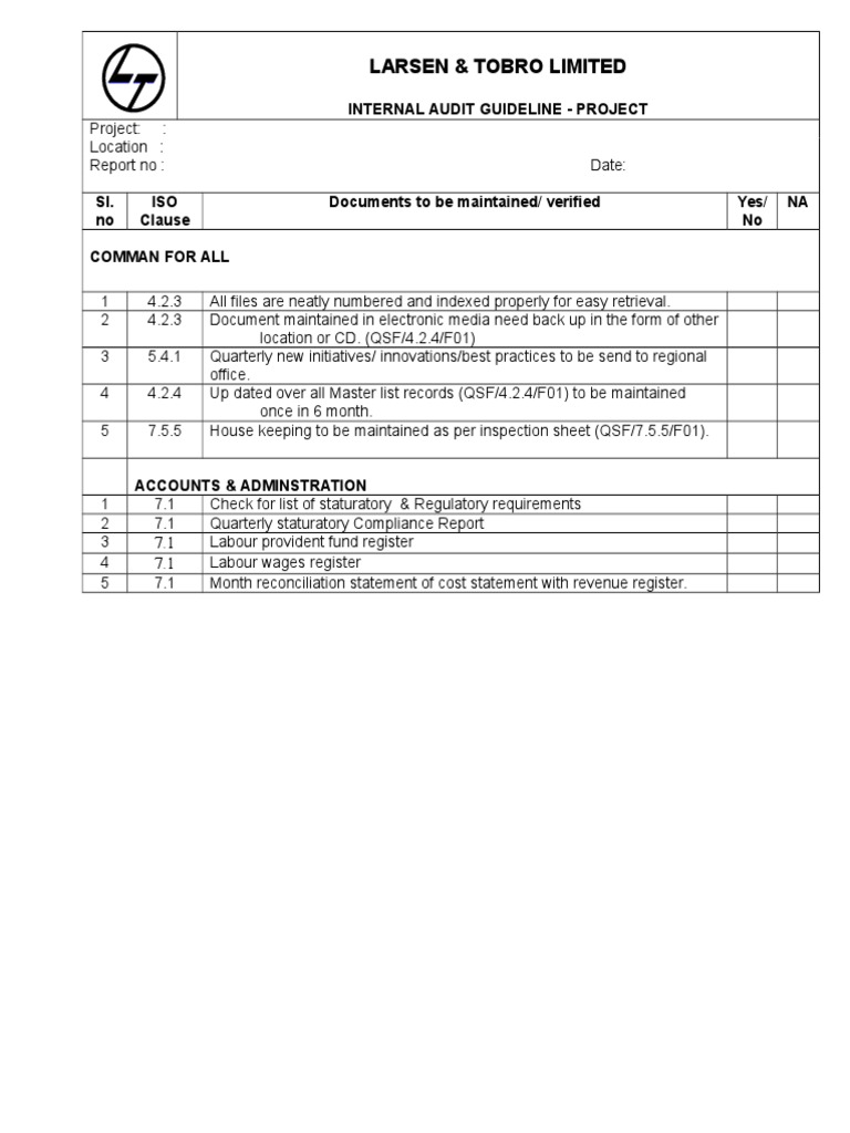 Internal Audit Guidelines for Projects | PDF
