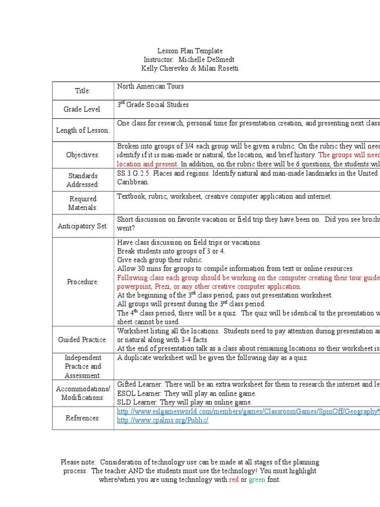 3rd Grade North American Tours Lesson Plan | PDF