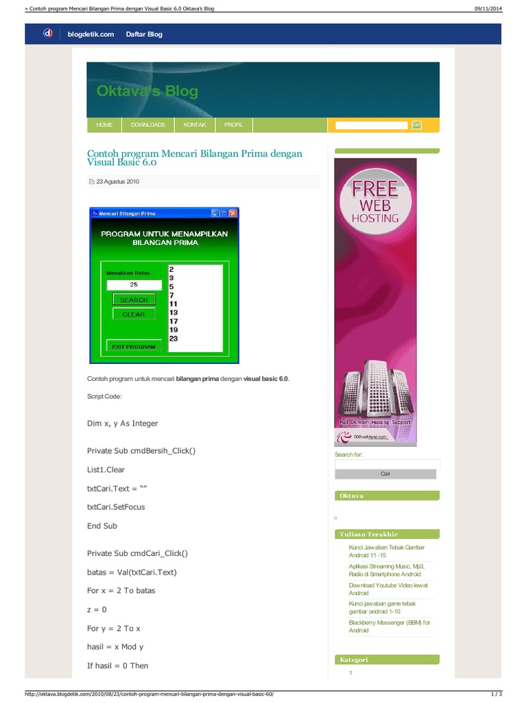 Contoh Program Mencari Bilangan Prima Dengan Visual Basic PDF | PDF