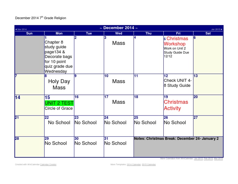 December 2014 7th Grade Religion Calendar | PDF