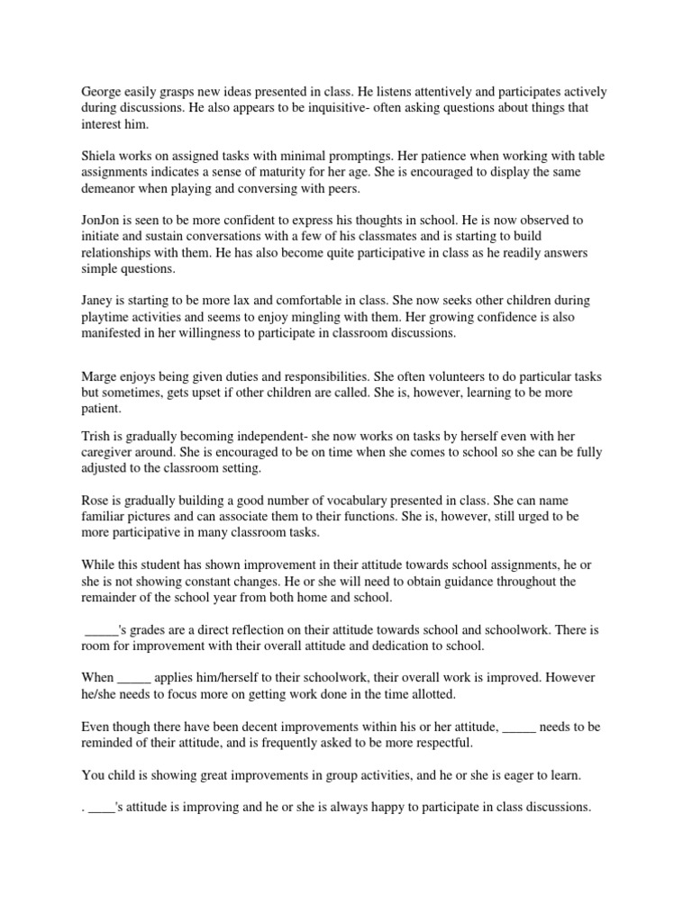 Report Card Remarks | PDF | Homework | Classroom