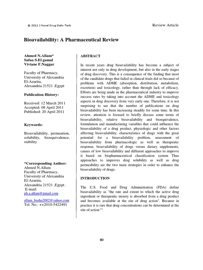 Bioavailability - A Pharmaceutical Review | PDF | Bioavailability | Drugs