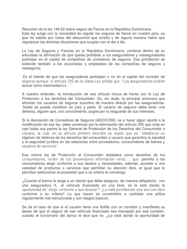 Resumen de La Ley 146 | PDF | Protección al Consumidor | Seguro