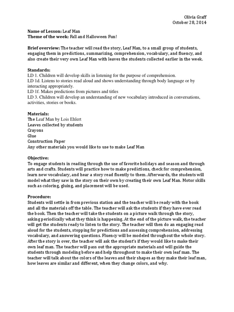 Leaf Man Lesson Plan | PDF | Reading Comprehension | Applied Psychology