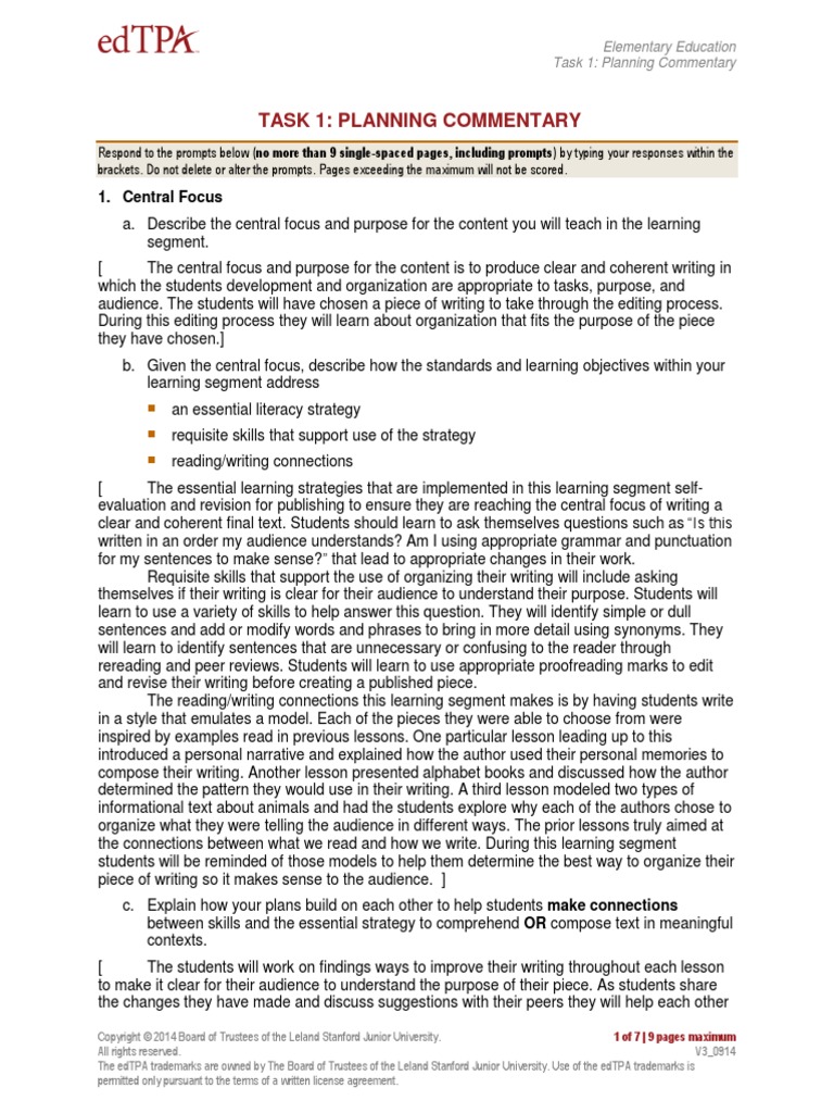 Weber EdTPA ELE Planning Commentary | PDF | Individualized Education ...