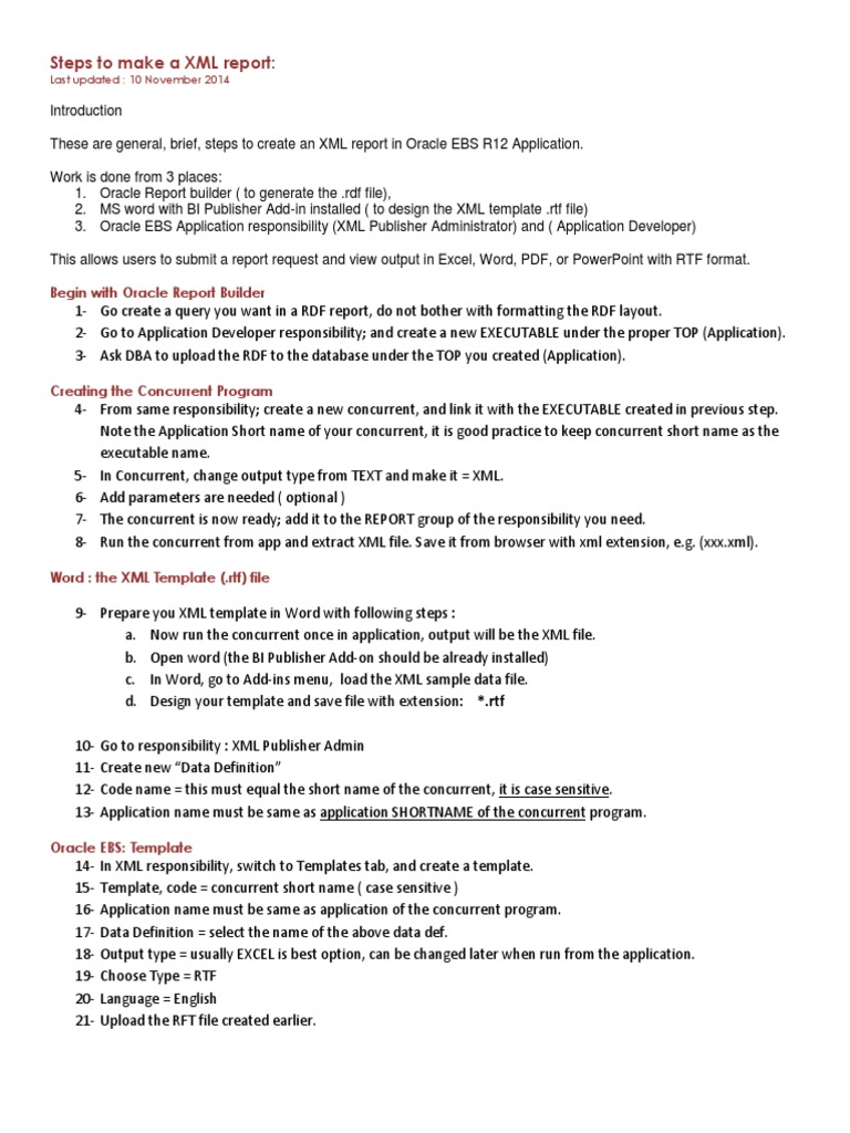 Steps To Make A Xml Report For Oracle Ebs R12 Pdf Oracle Database