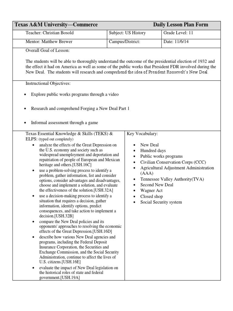 1932 Election & New Deal Lesson Plan | PDF | New Deal | Franklin D ...