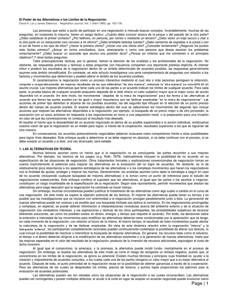 El Poder de Las Alternativas o Los Límites de La Negociación-David Lax ...