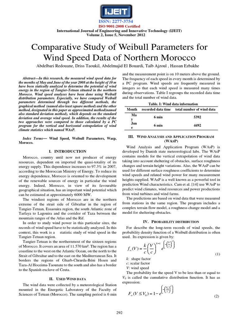 Comparative Study of Weibull Parameters for Wind Speed Data | PDF | Wind Power | Wound